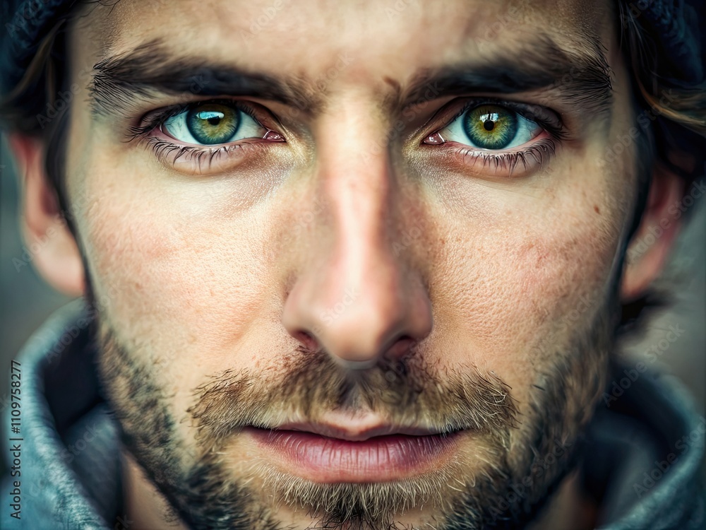 The man stares directly ahead with captivating green eyes and a focused ...