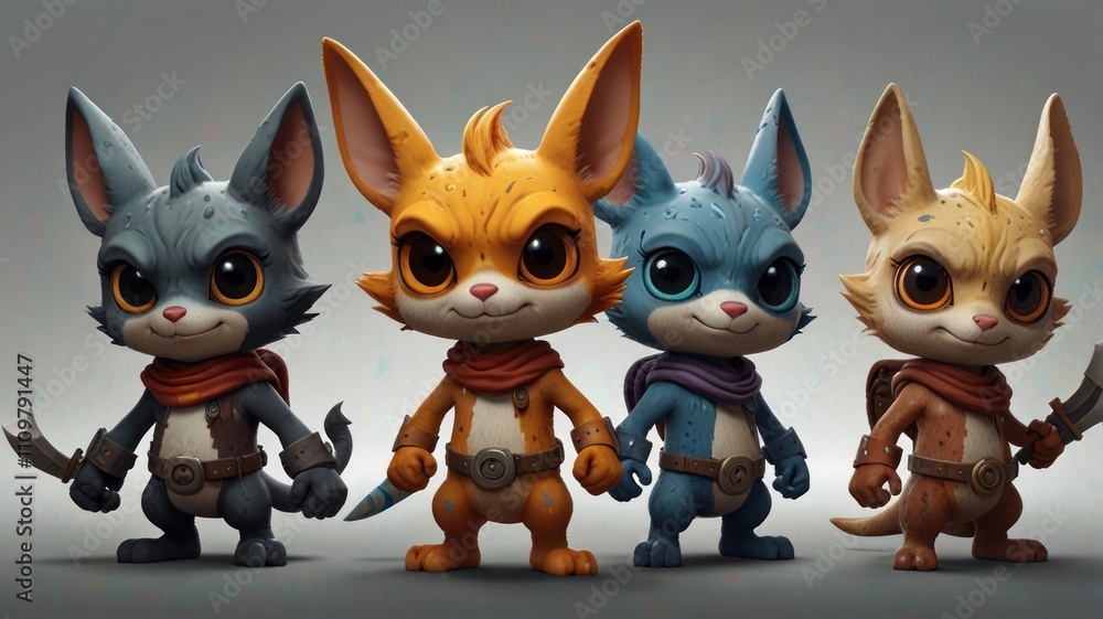 Four adorable fantasy cat-like creatures, each with unique colors and ...