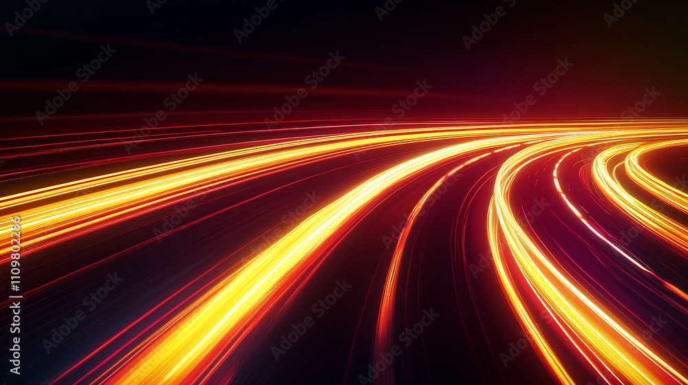 Fast-moving neon light streaks. Curved yellow and red laser rays ...