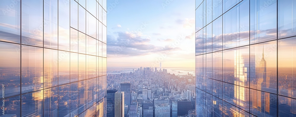 Symmetrical skyscraper facades, minimalistic design with glass and ...