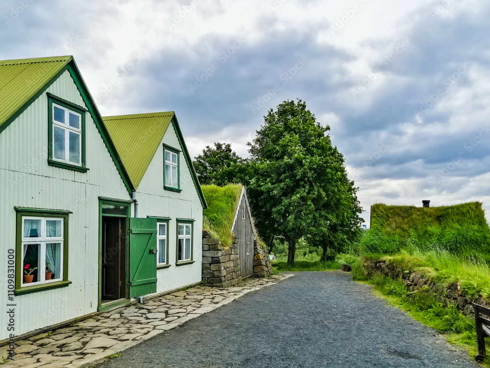 Reykjavik, Iceland - July 9th 2019: Arbaer open air museum, a turf ...