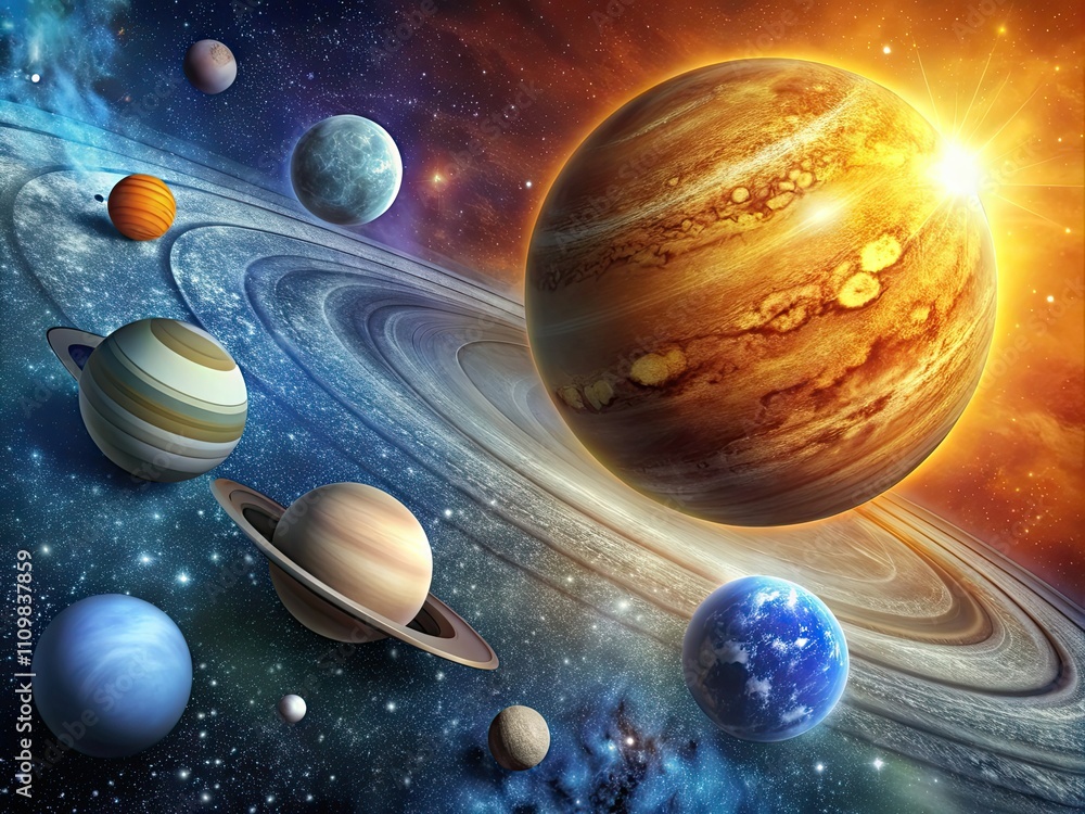 Colorful planets and a glowing sun create a breathtaking view of the ...