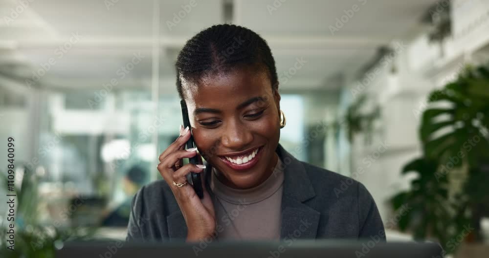 Office, laptop and happy black woman with phone call for business ...