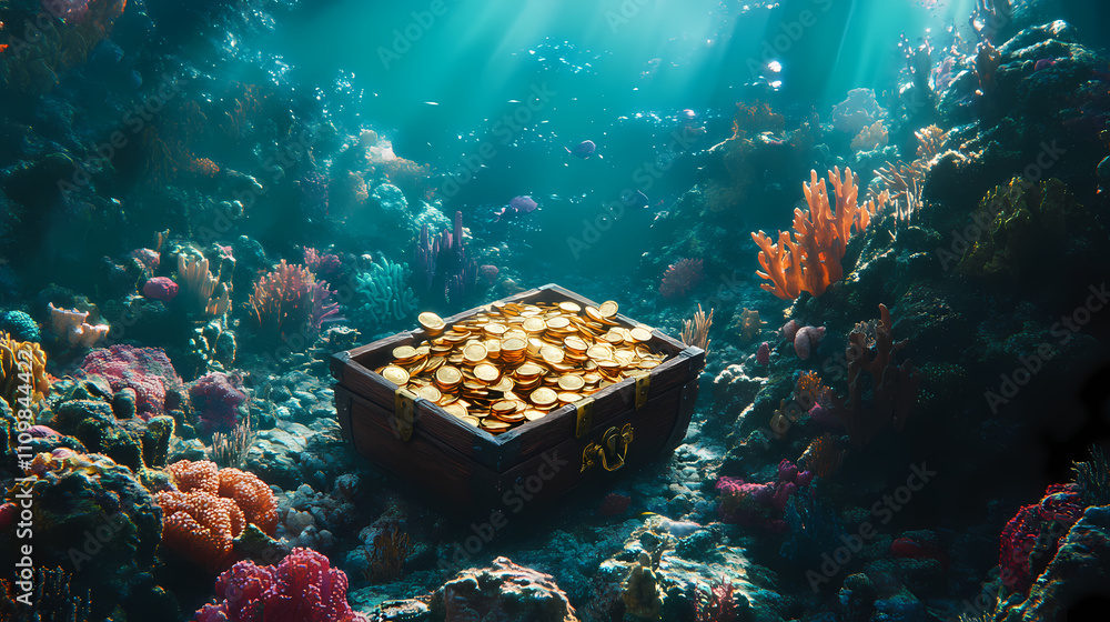 Treasure chest discovered in a sunken galleon, shimmering with gold ...