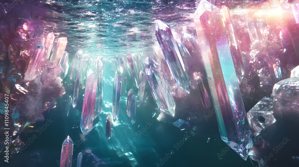 Mesmerizing crystalline structures floating underwater with shimmering ...