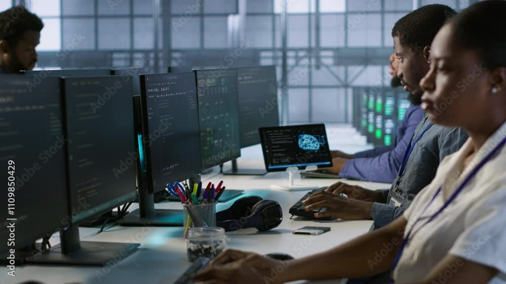 Computer scientists in data center implementing AI predictive maintenance systems. Server farm ...