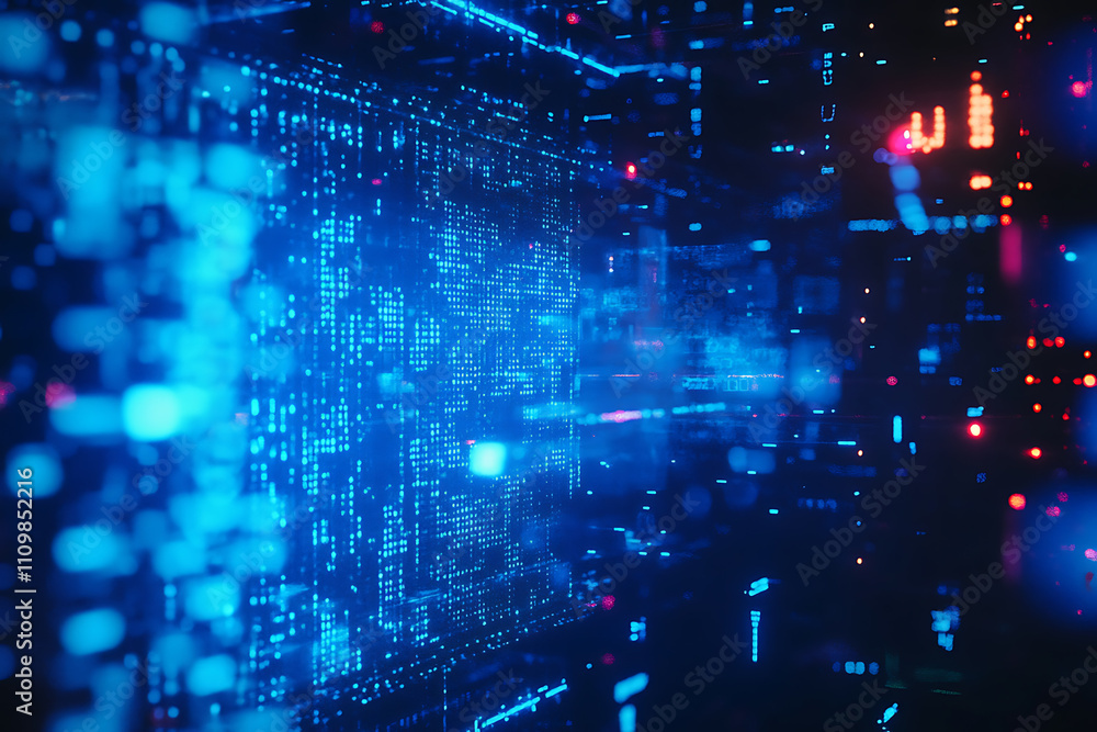 Blue digital binary data on a computer screen, creating a futuristic ...