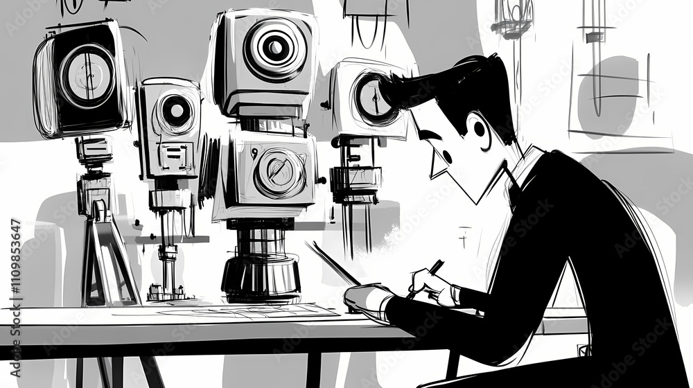 Minimalist mechanical engineer at a desk, sketching machine designs ...