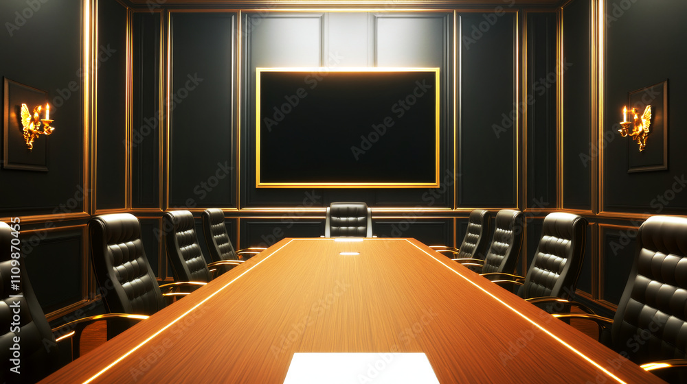 modern conference room featuring long wooden table, black leather ...