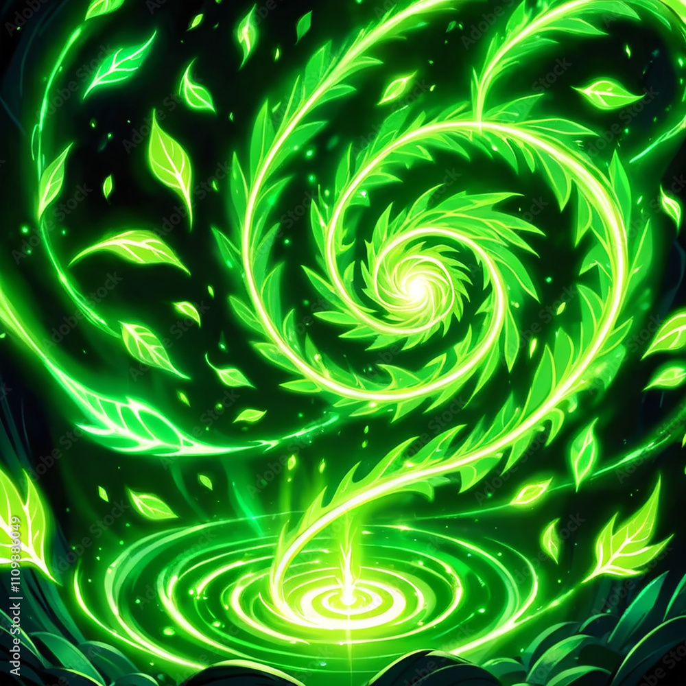A swirling vortex of vibrant green energy, shaped like a vine with ...
