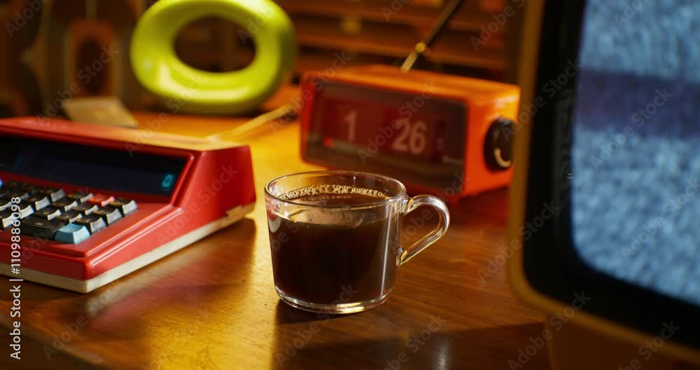 A cup of coffee stands near the monitor with ripples on the screen. A ...