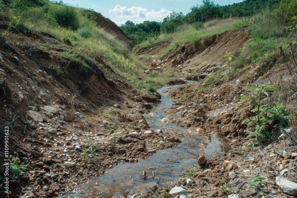 Erosion signs on hillside with small rivulets flowing into pool Stock ...