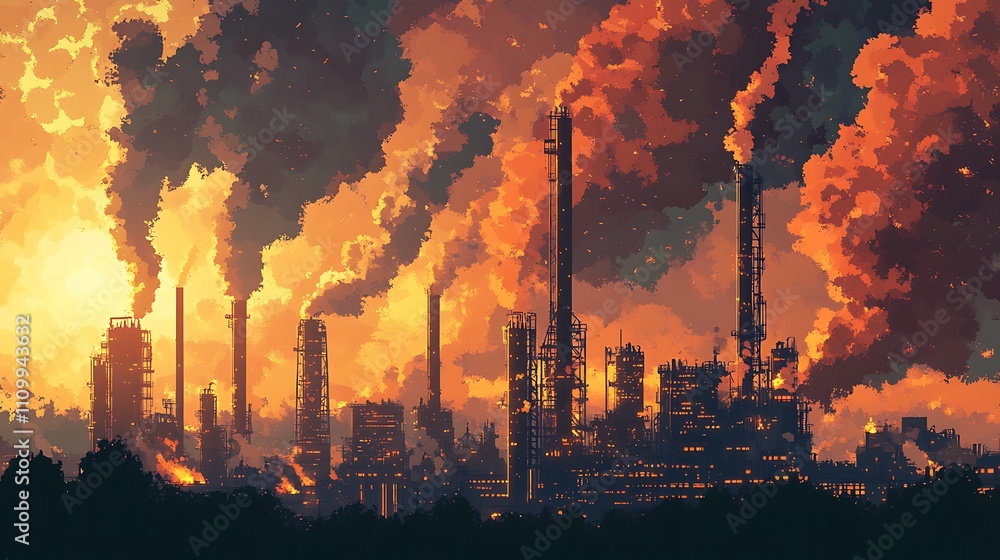 Pixel art depicting an industrial plant at sunset, emitting thick ...