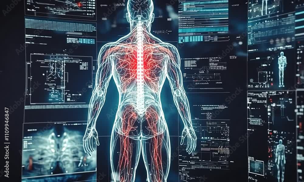 A digital representation of the human body with data overlays ...