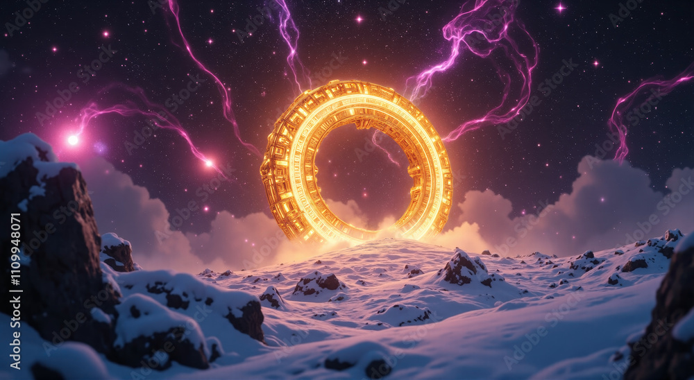 Frozen tundra landscape with a mysterious glowing galactic round alien ...