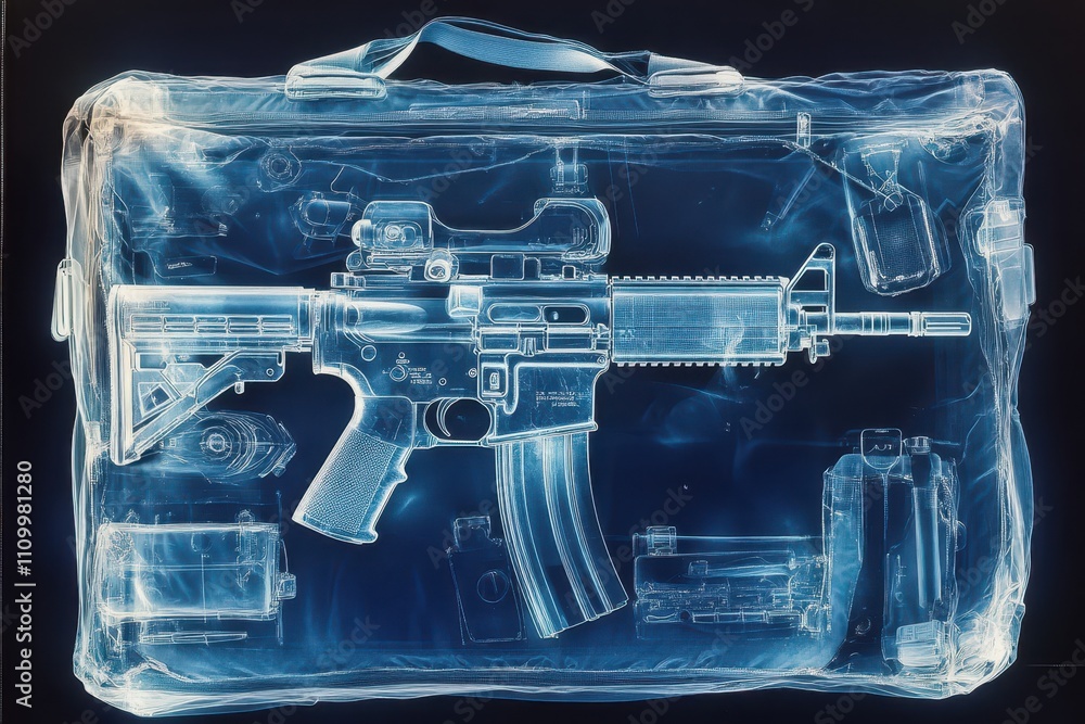X-ray image of an AR-15 rifle inside a transparent bag. Illustrates ...