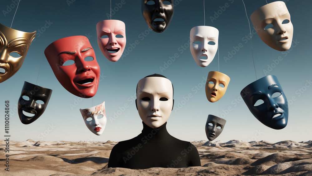 An abstract, surreal landscape where floating masks of various designs ...