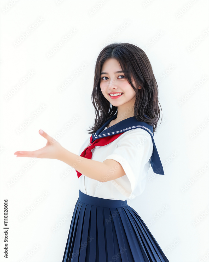 Asian teen female dressed in a high school student costume presenting ...