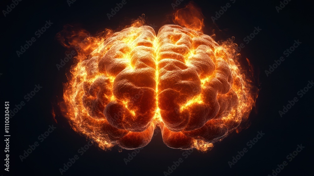 Exploding Brain Disease Concept: Front View of Brain on Fire ...