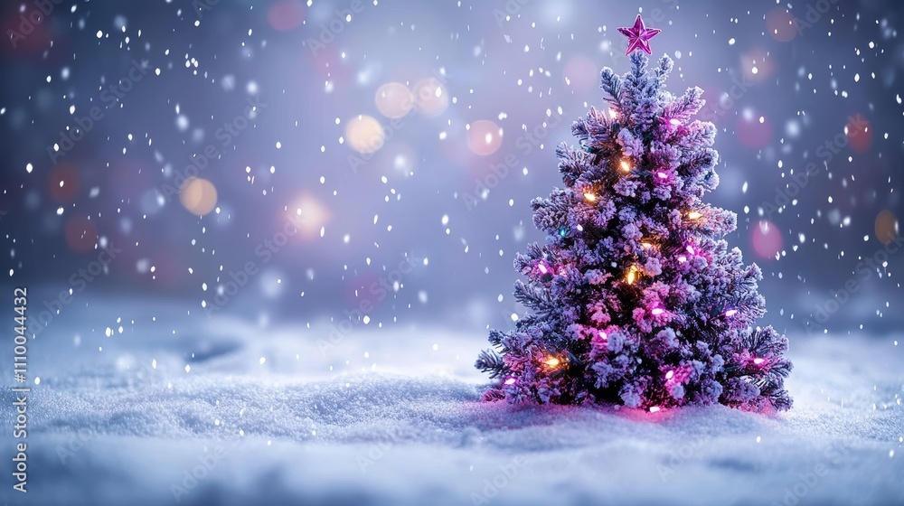 Enchanting christmas tree amidst snowfall outdoor winter wonderland ...