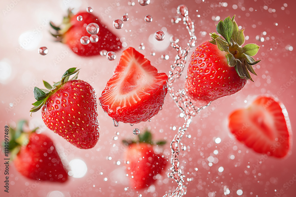 strawberries floating mid-air water droplets pink background freshness ...