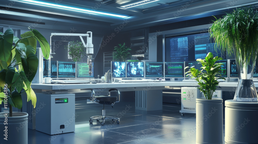 Futuristic spaceship lab with plant samples. Vector cartoon ...