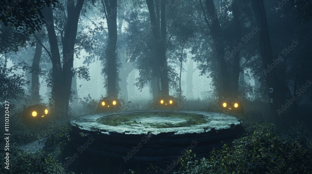 Spooky haunted forest night landscape with round stone platform and fog ...