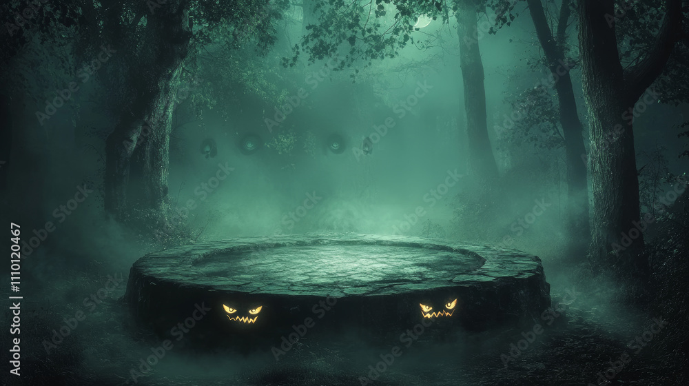 Spooky haunted forest night landscape with round stone platform and fog ...