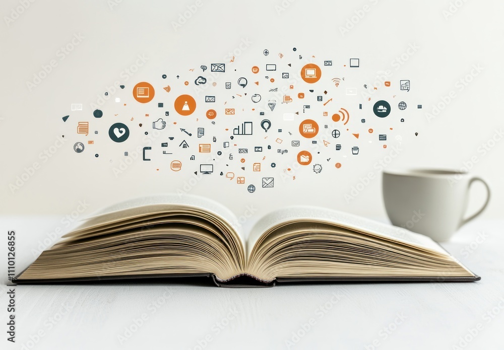 Open book with digital icons rising from its pages, signifying ...