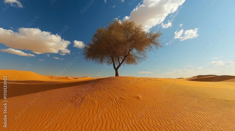 There is a desert where only sand is visible all around and the sky is ...