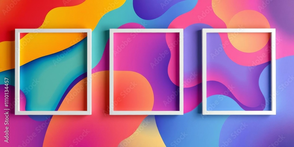Abstract art illustration of three frame on wall with bright vibrant ...