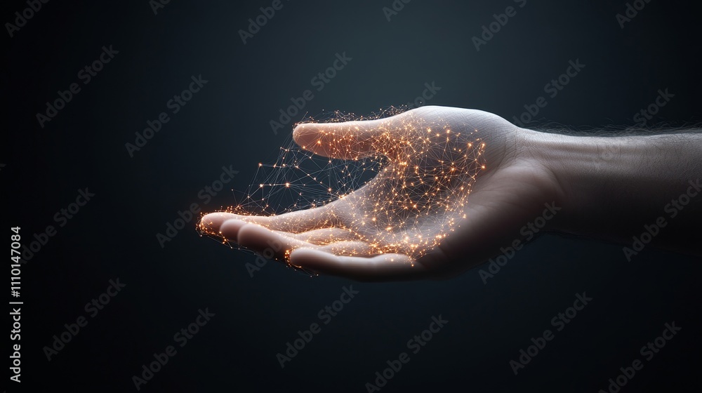 A hand is shown in a black background with a lot of lines and dots ...