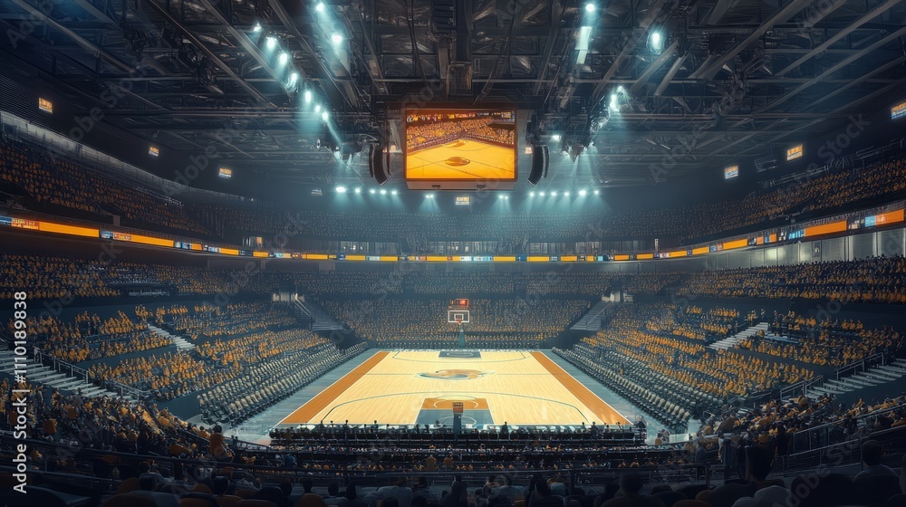 Fotografie, Obraz Basketball stadium with tiered seating, bright LED ...