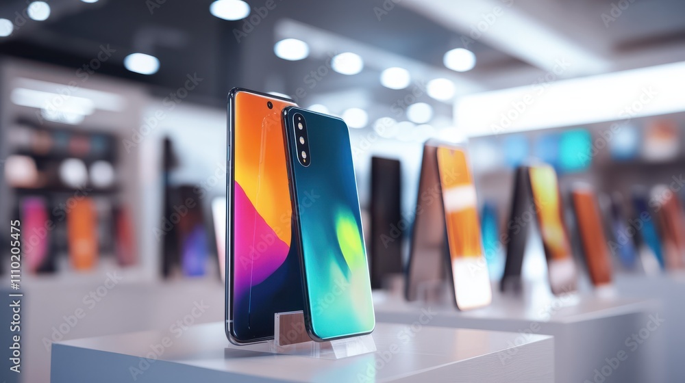 Cutting-edge smartphones displayed in a modern retail setting ...
