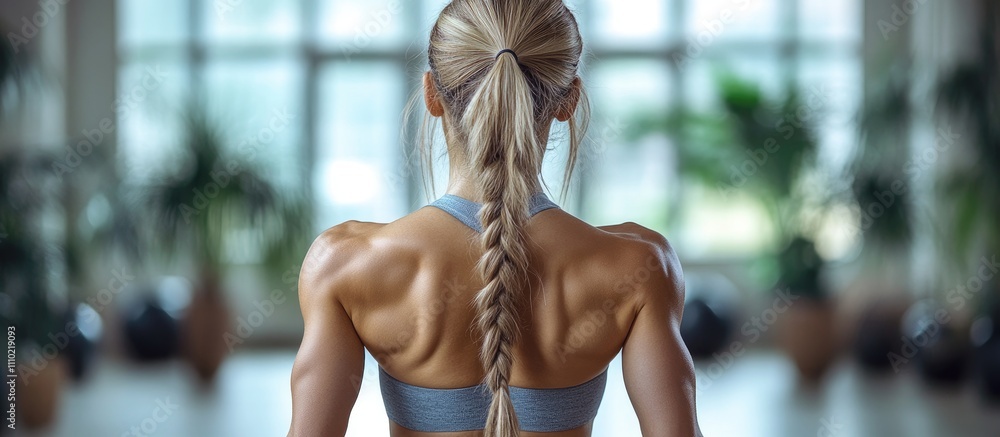 Fit female bodybuilder showcasing strong back muscles in a well-lit ...