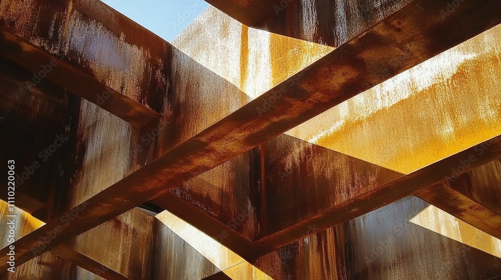 Rusty steel beams creating an industrial abstract pattern with sunlight ...