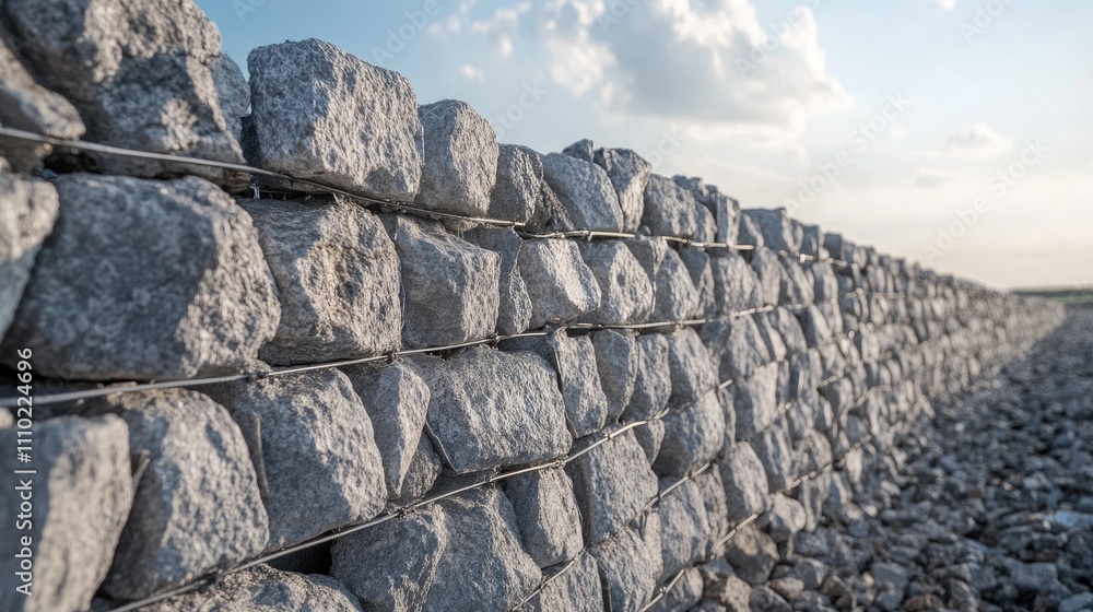 Welded gabion wall made of large stones, with sunlit textures and a ...