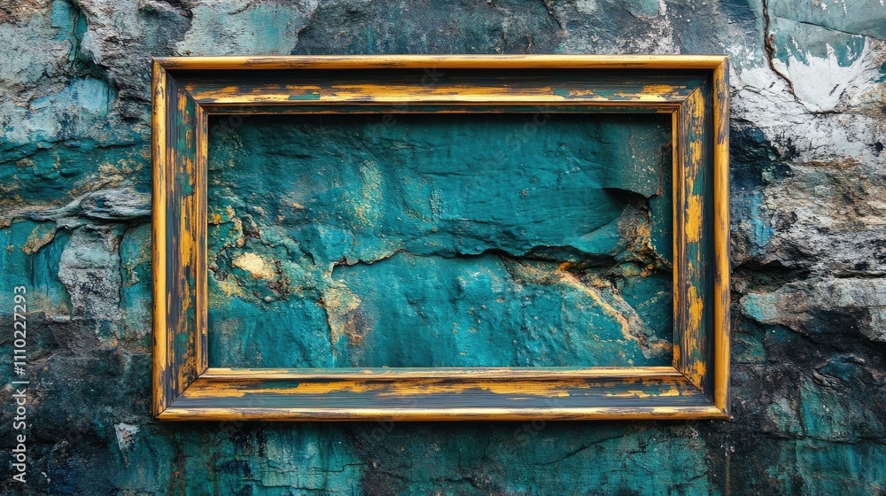Vintage ornate picture frame on textured teal and gold background ...