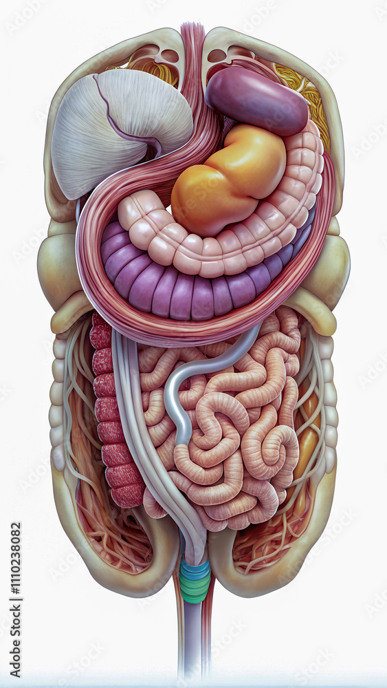 A realistic illustration of the digestive system, showcasing the ...