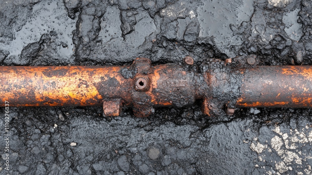 Corroded metal oil pipeline exposed in asphalt showing signs of rust ...