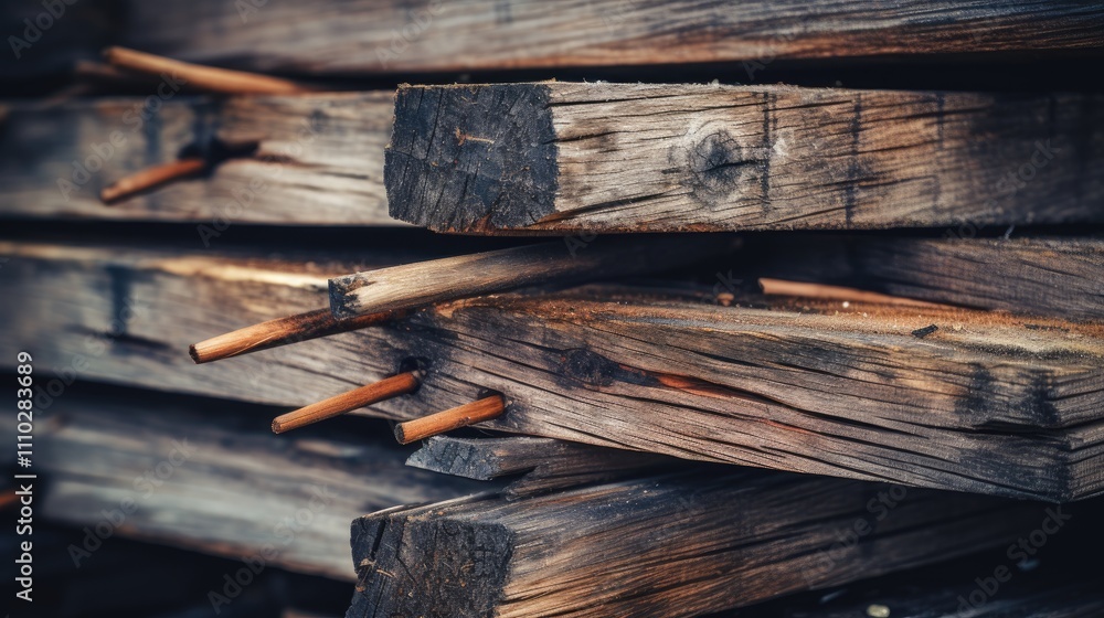 Weathered timber stack with rusty nails highlighting the essence of ...