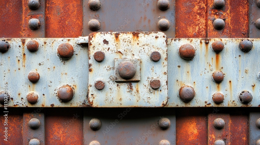 Rusty weathered metal texture with corroded paint and rivets on a red ...