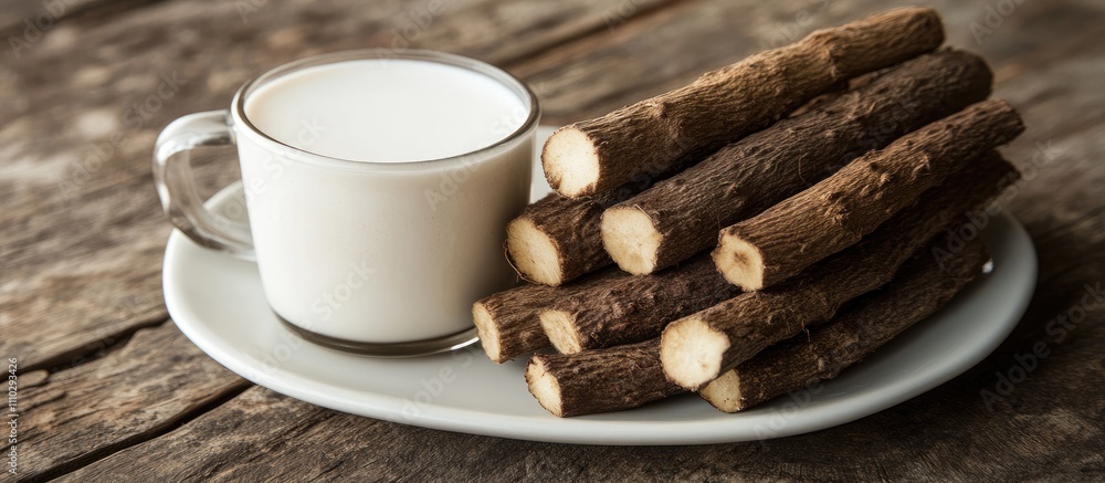Thai cassava roots served with coconut milk in a rustic setting on a ...