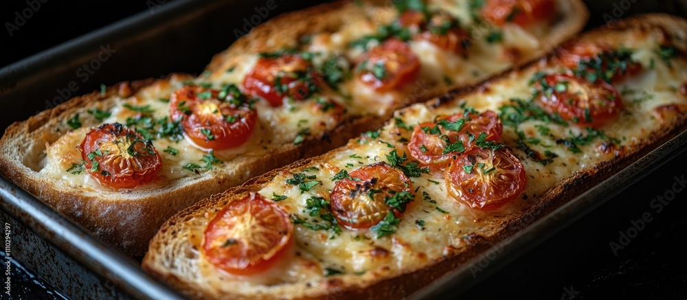 Toasted baguette slices with melted mozzarella and cherry tomatoes ...