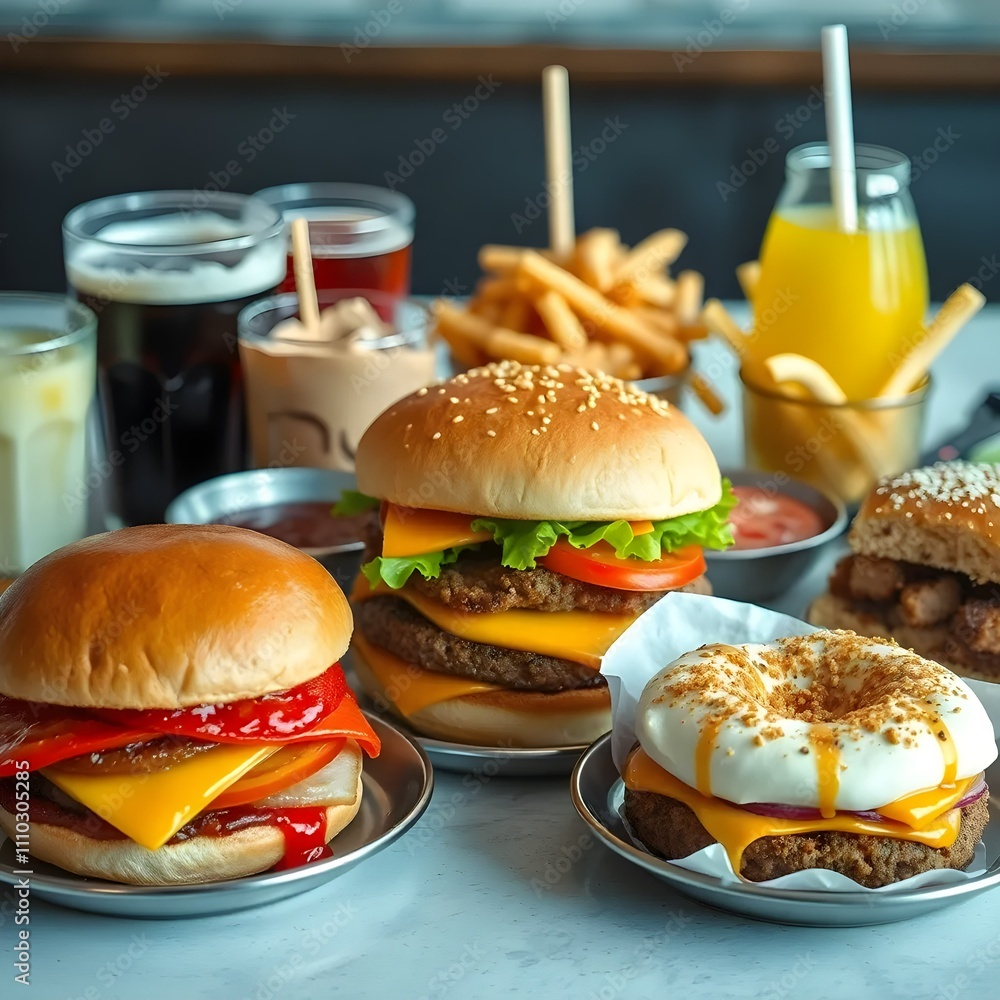 closeup picture of many junk foods like burger, sandwiches, and drinks ...