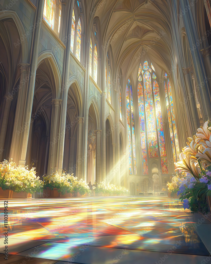 Majestic cathedral interior with tall columns, soaring arches, and ...