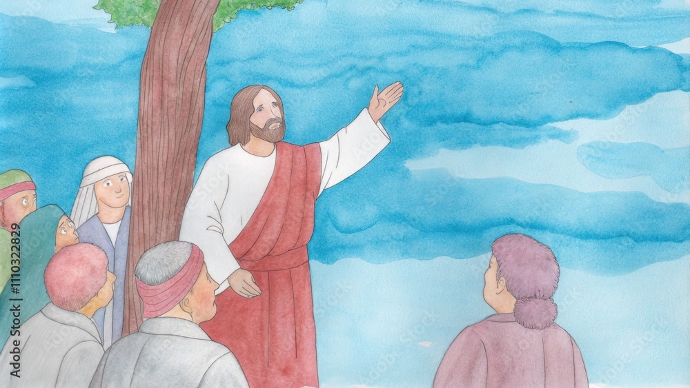 Jesus stands at the base of a leafy tree surrounded by a curious crowd ...