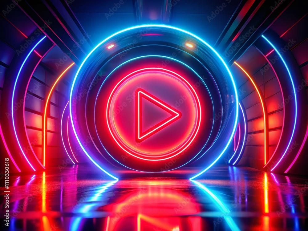 Glowing Red Neon Play Button in a Dynamic Gaming Background with Vibrant Neon Circle Design for ...