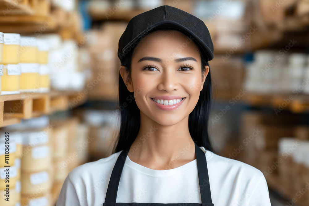 A photo of smiling female cheese maker in front of her warehouse ...