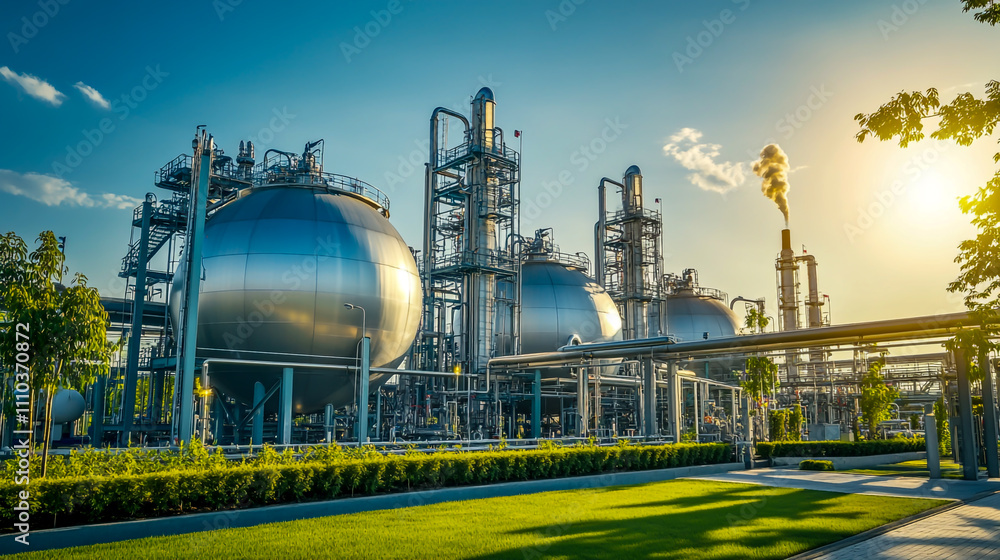 A modern hydrogen production facility featuring gleaming H2 tanks ...